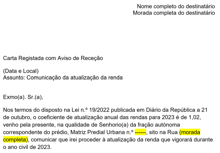 Aumento rendas 2023 + Minuta de carta para download